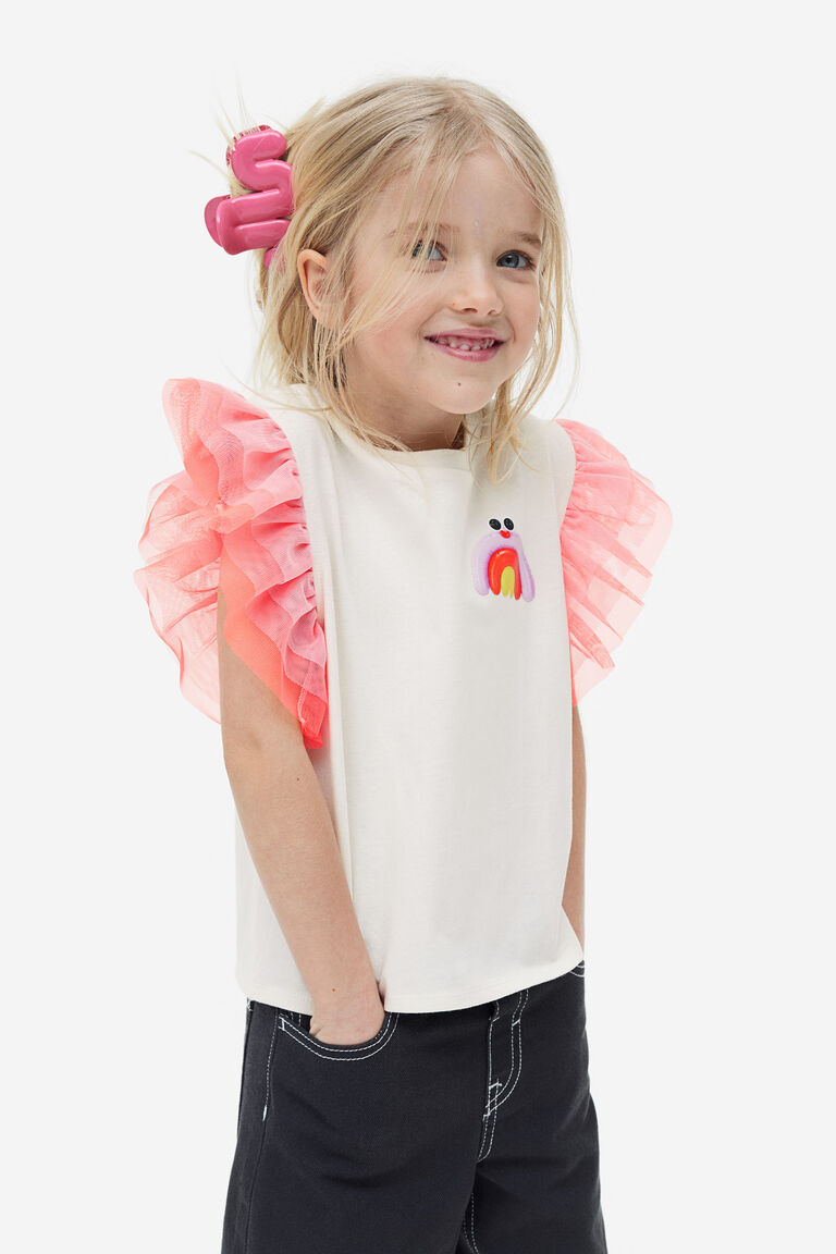 Tulle-sleeved jersey top