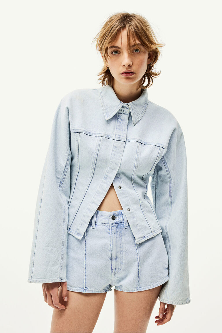 Crease-front denim mini shorts