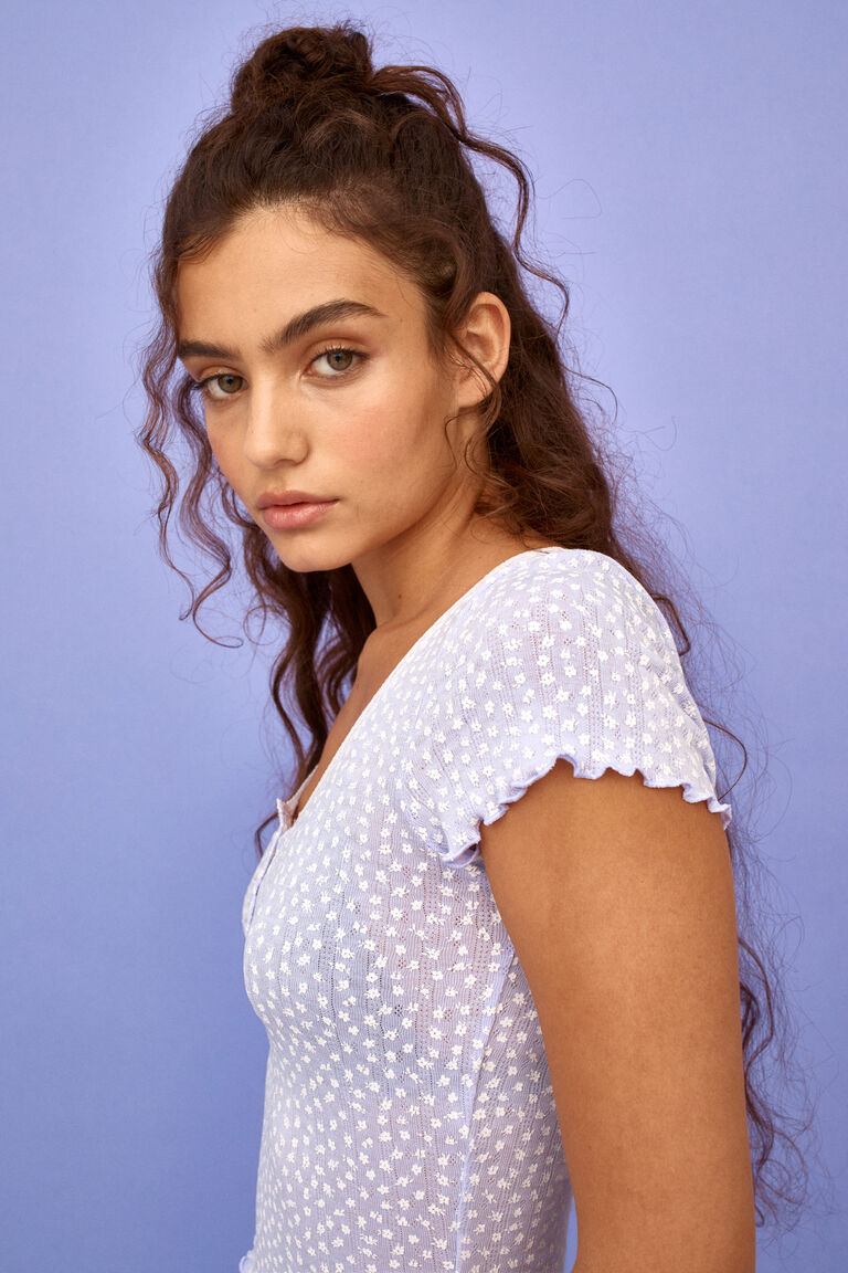 Ribbed button-placket T-shirt