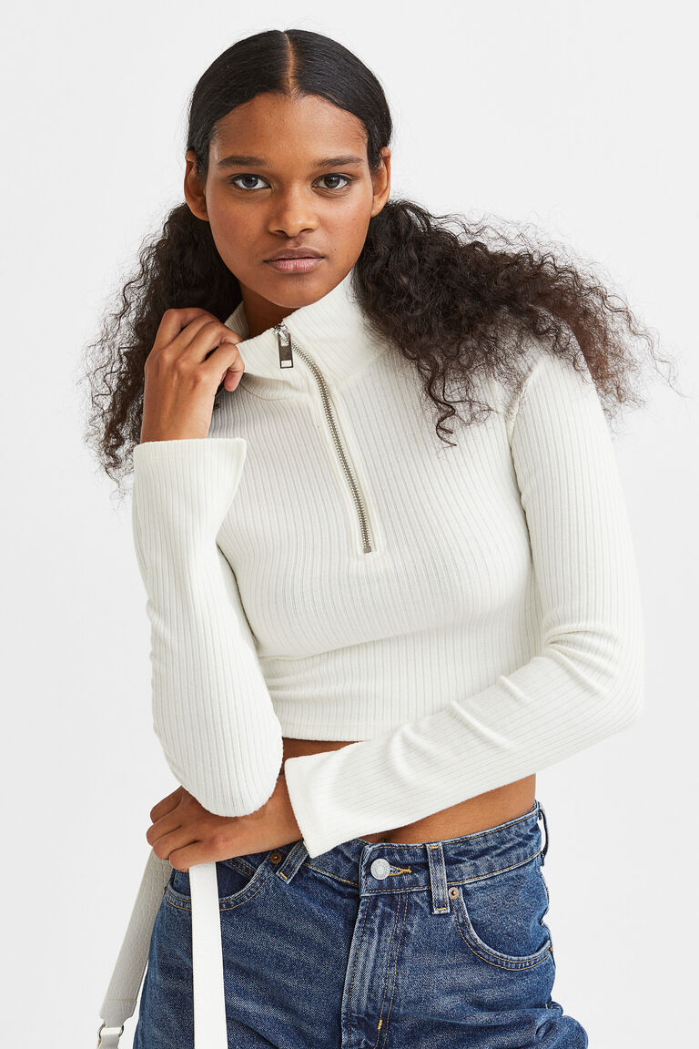 Zip-top rib-knit top
