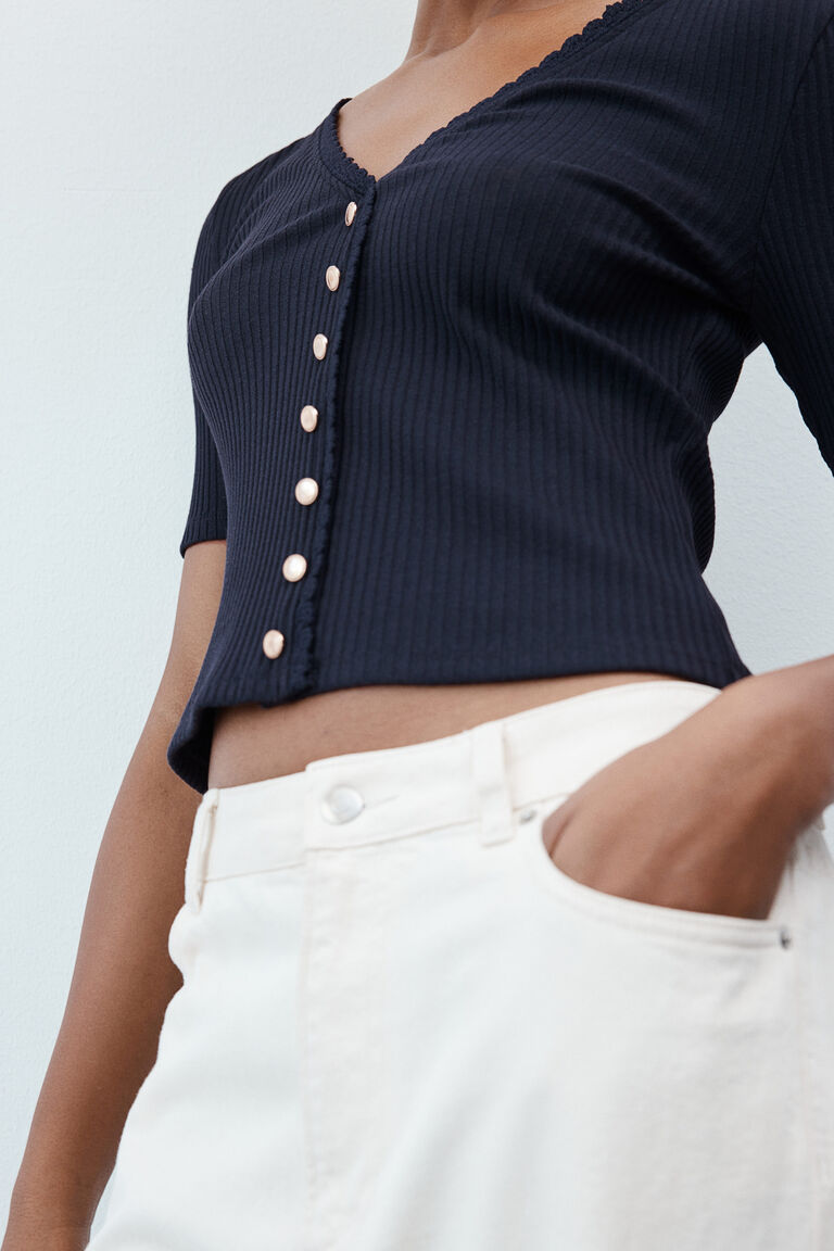 Ribbed button-front top