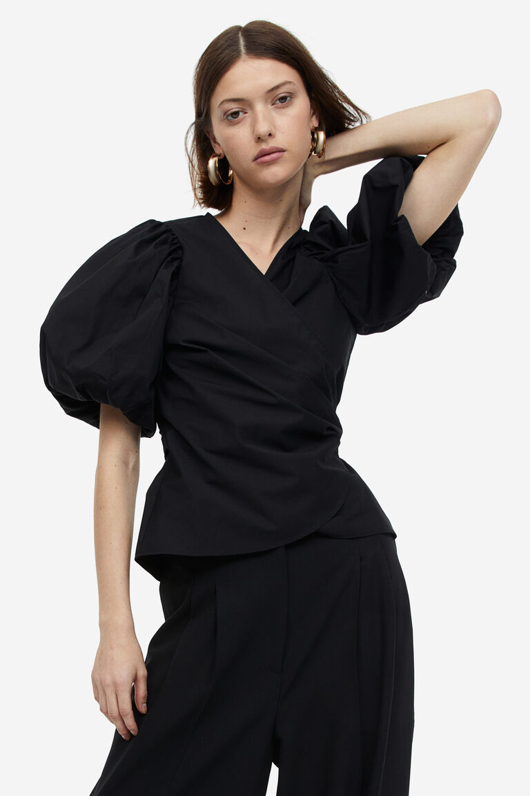Balloon-sleeved wrap blouse