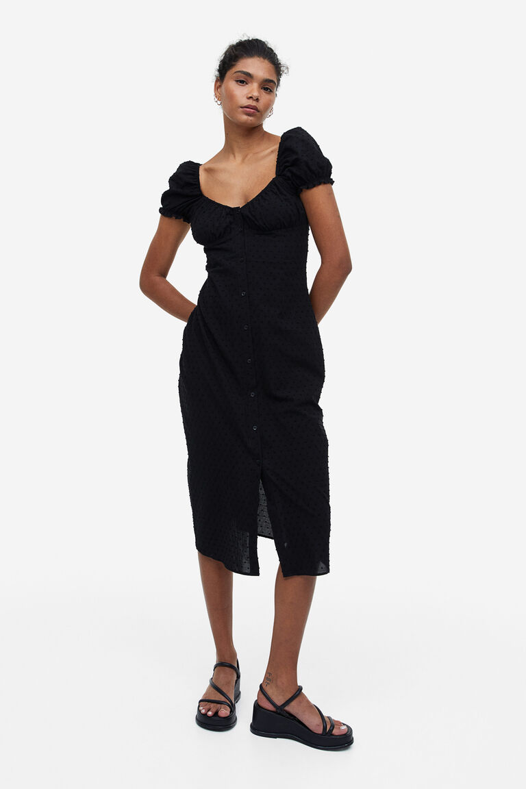 Textured-weave puff-sleeved dress