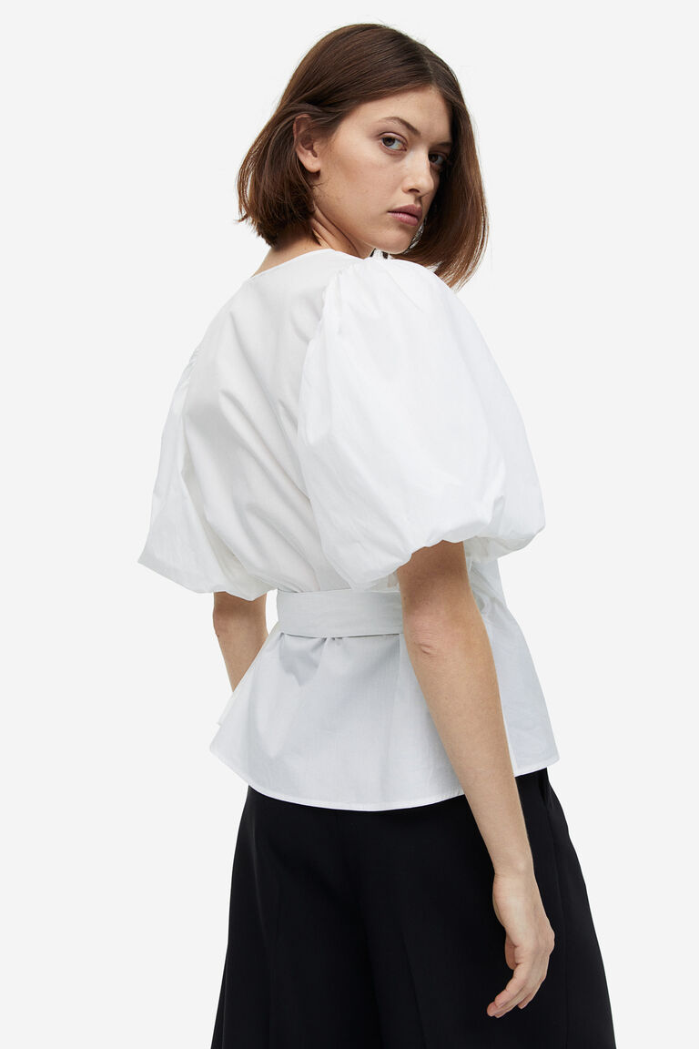 Balloon-sleeved wrap blouse