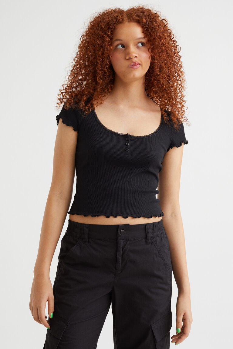 Ribbed button-placket T-shirt