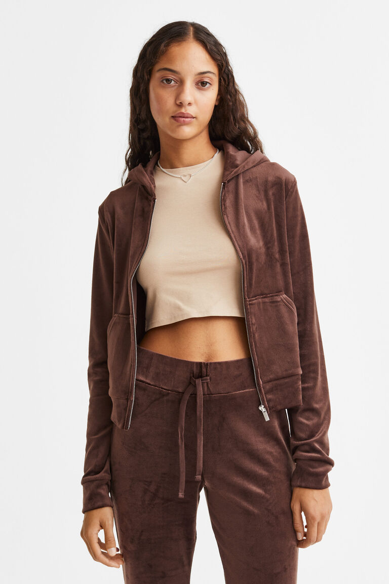 Velour zip-through hoodie