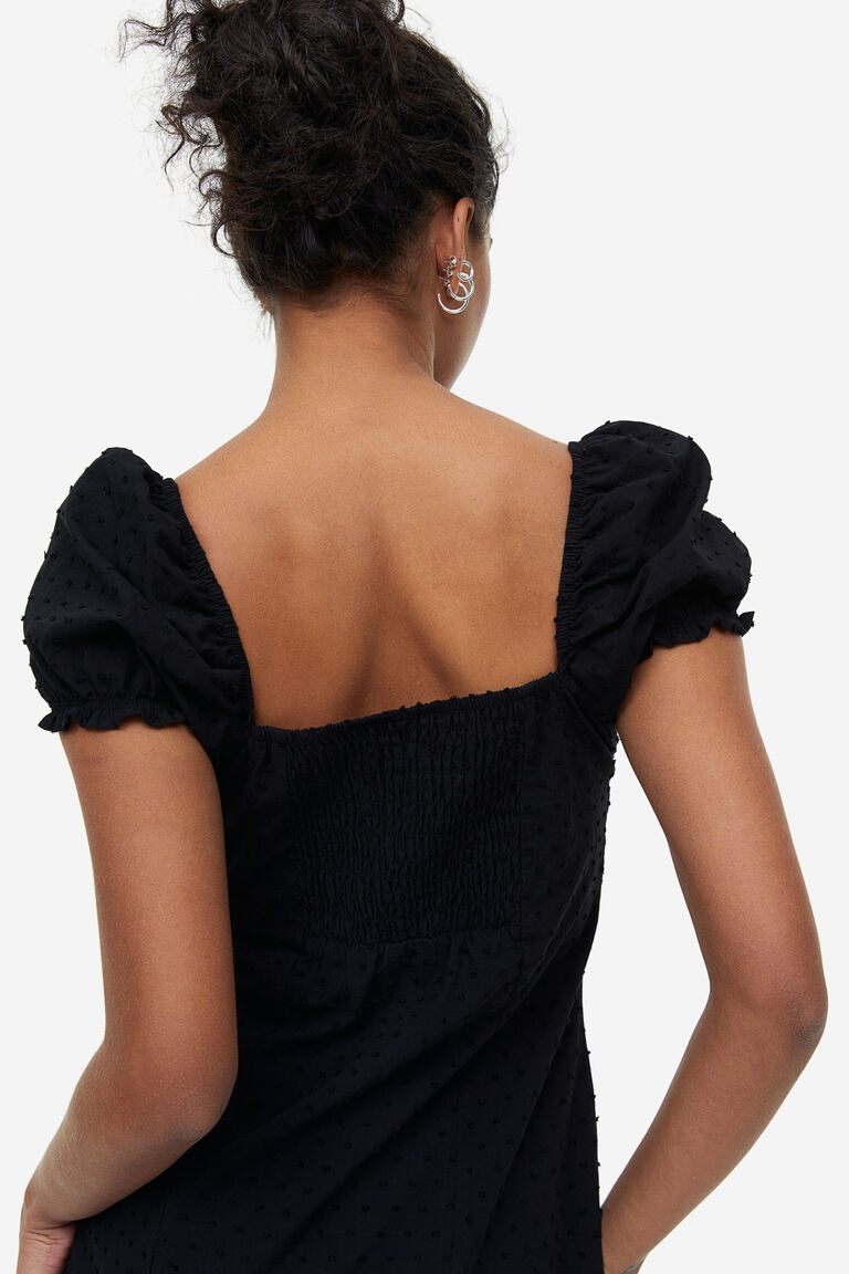 Textured-weave puff-sleeved dress