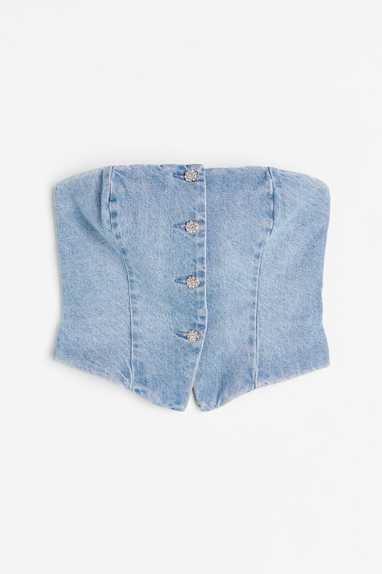 Rhinestone-button denim corset top