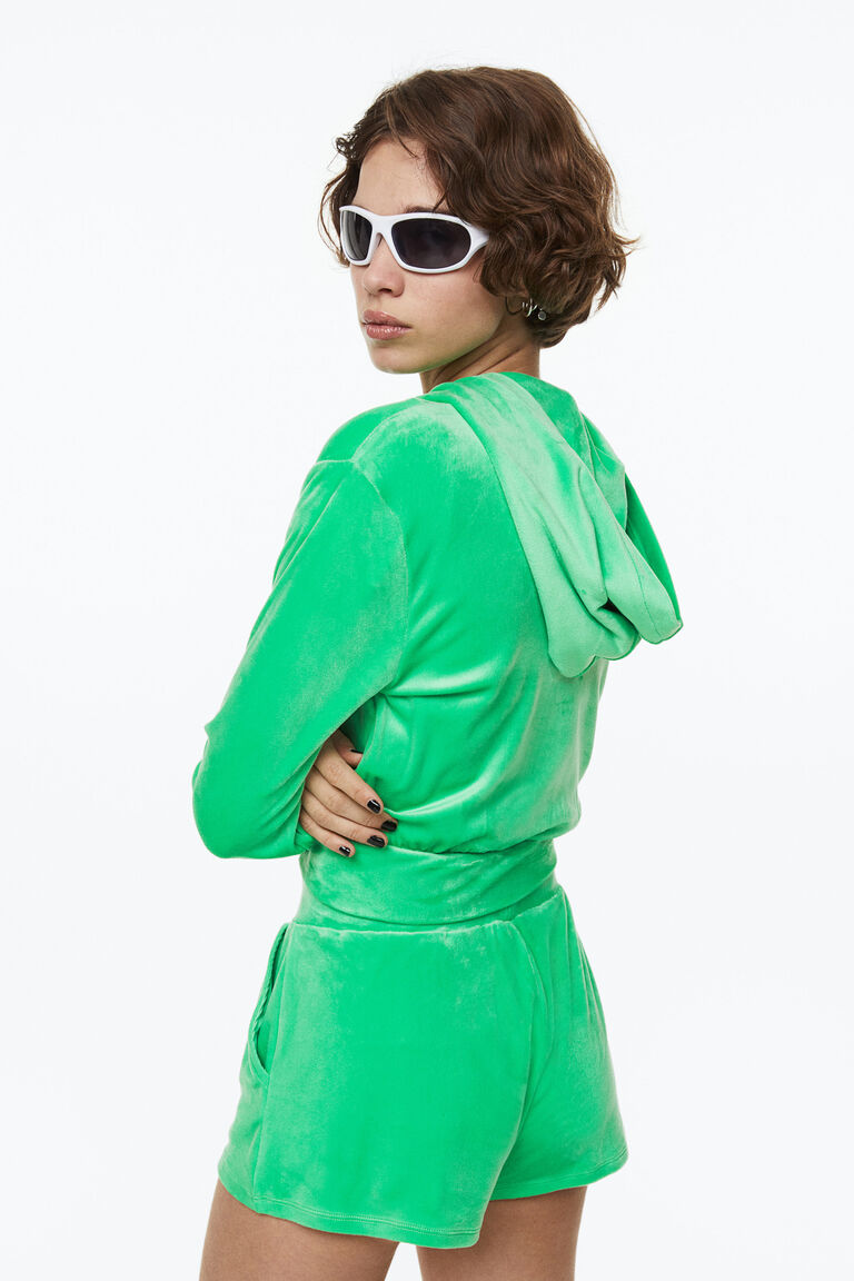 Cropped velour zip-through hoodie
