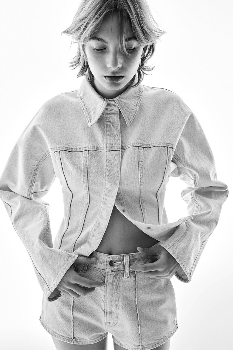 Crease-front denim mini shorts