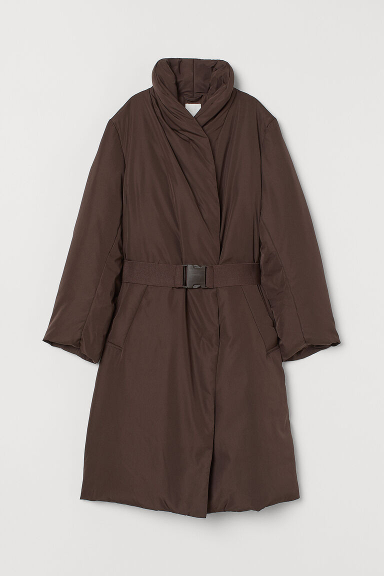 Down coat with a belt