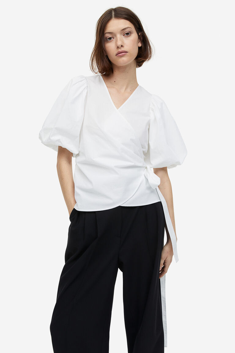 Balloon-sleeved wrap blouse