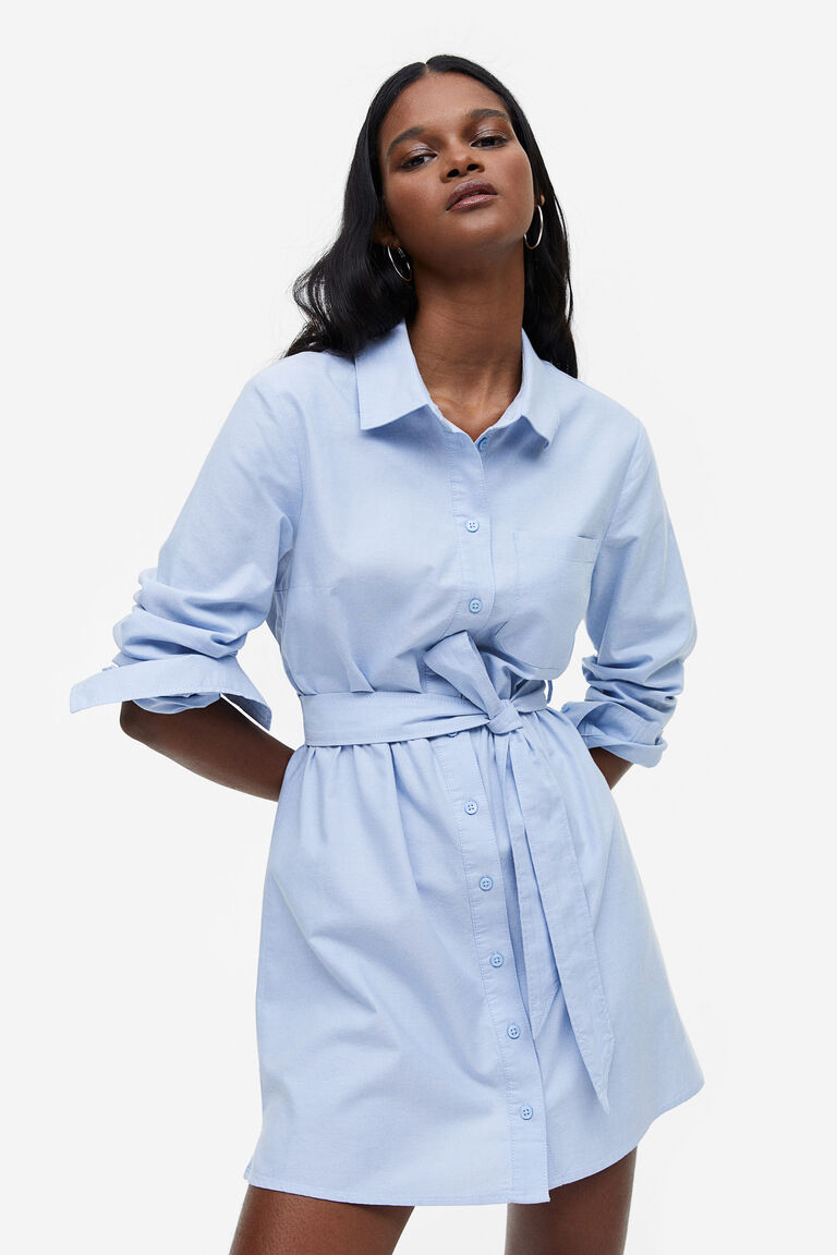 Tie-belt cotton shirt dress