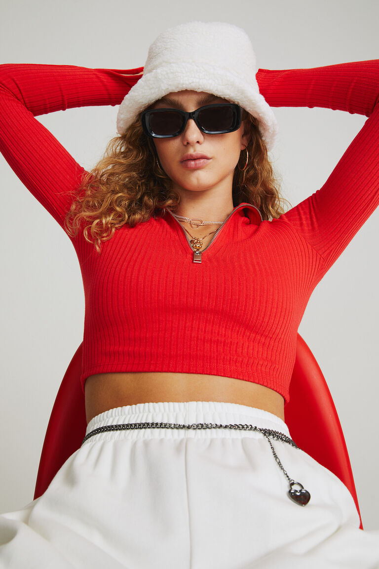 Zip-top rib-knit top