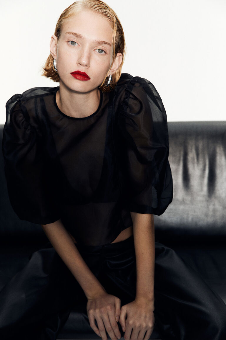 Puff-sleeved organza top