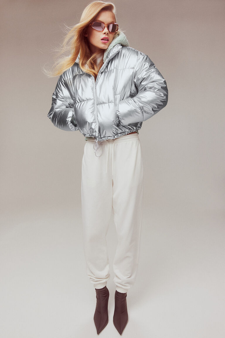 Shimmering metallic puffer jacket