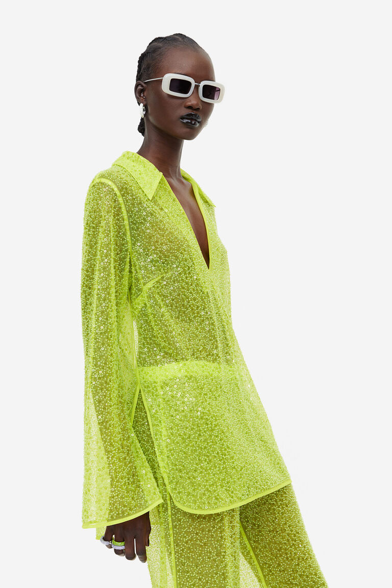 Embellished mesh popover shirt