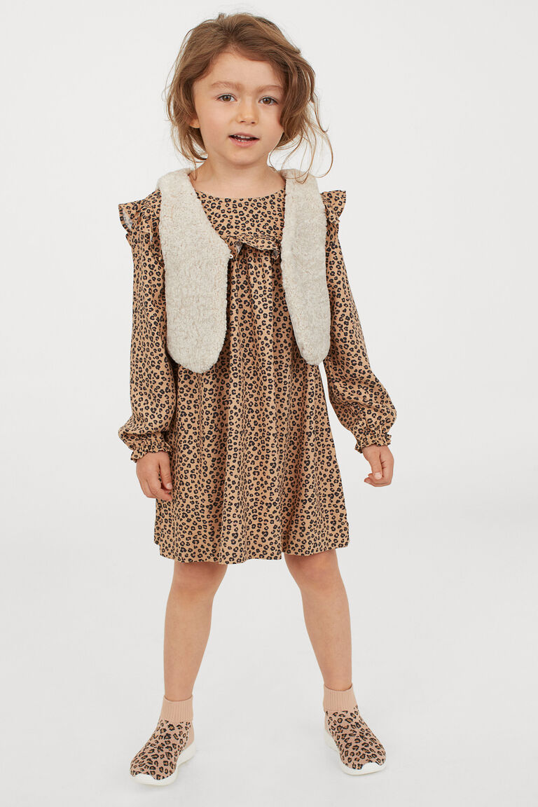 Dress and faux shearling gilet