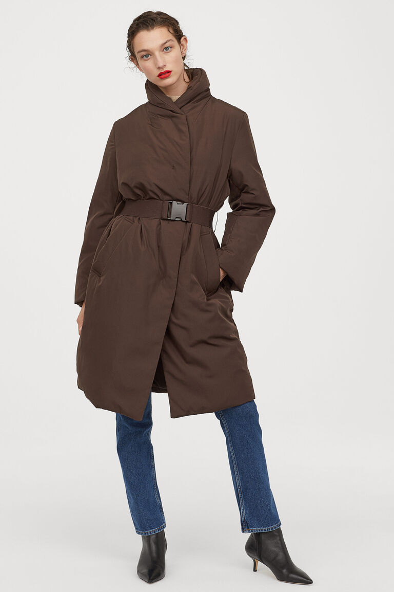Down coat with a belt