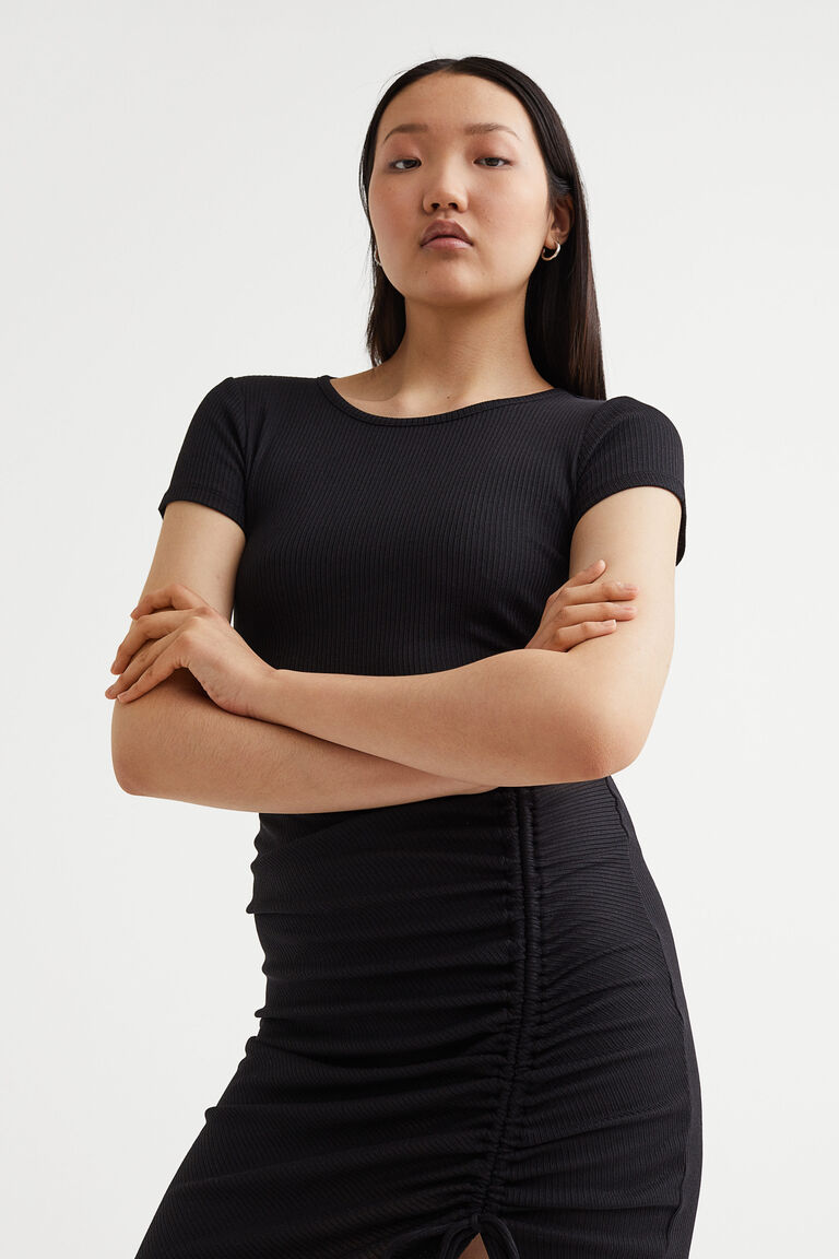 Ribbed drawstring-detail bodycon dress