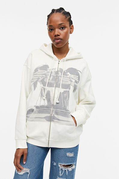 Oversized printed zip-through hoodie