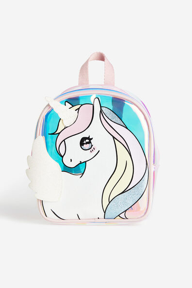 Iridescent backpack with appliqués