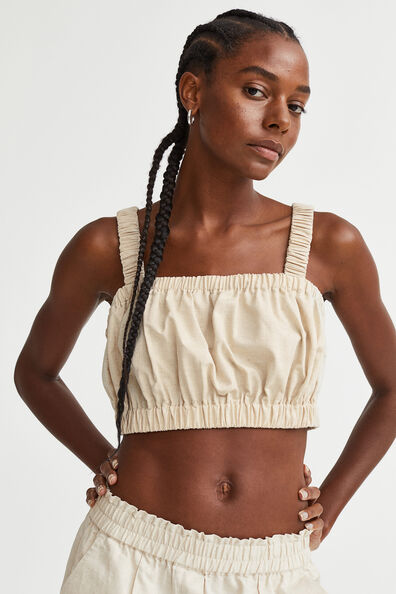 Linen-blend gathered crop top